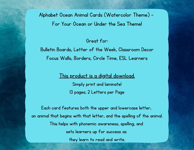 Ocean Animal Alphabet Posters, Watercolor Theme, Under the Sea Decor - Etsy