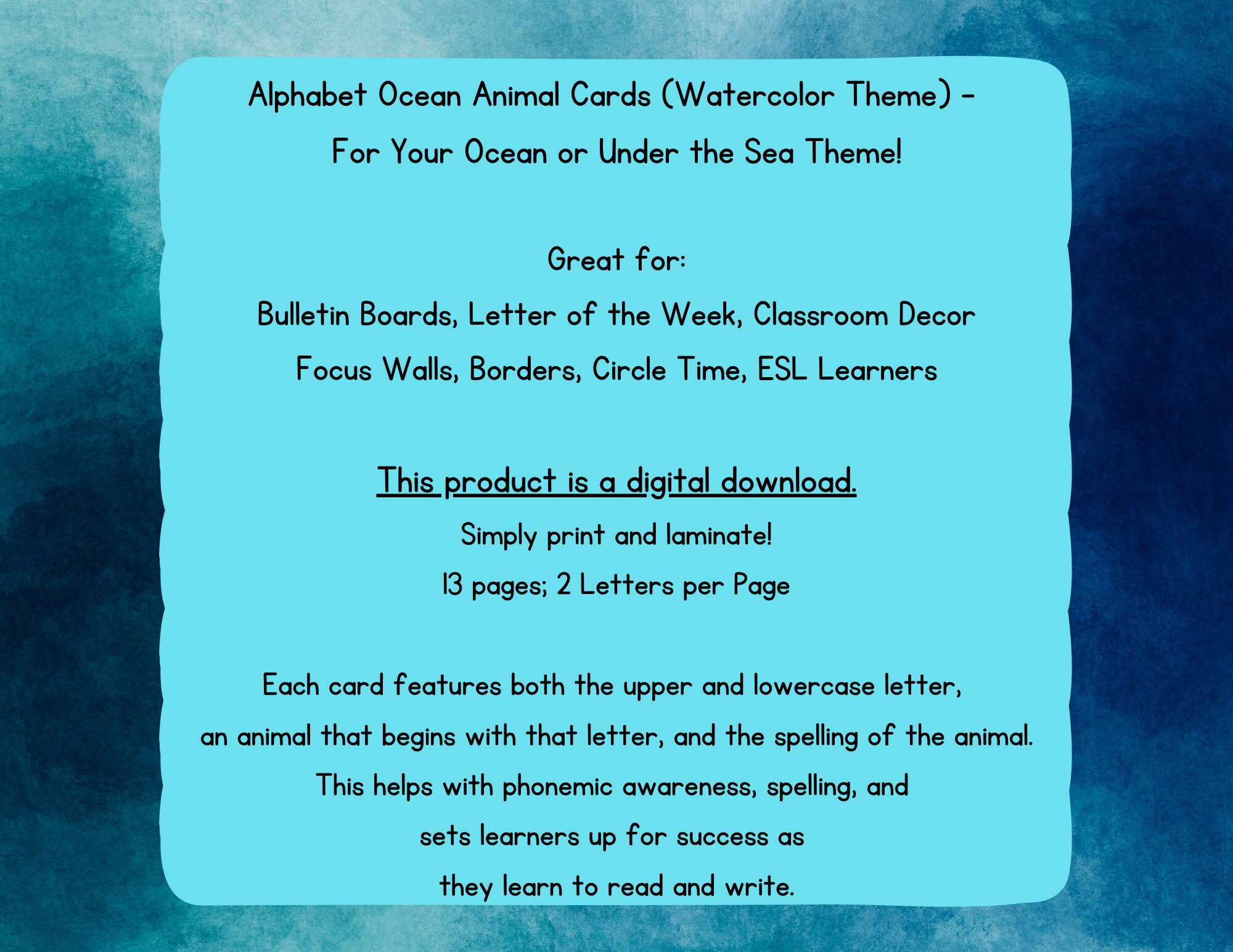 Ocean Animal Alphabet Posters, Watercolor Theme, Under the Sea Decor - Etsy