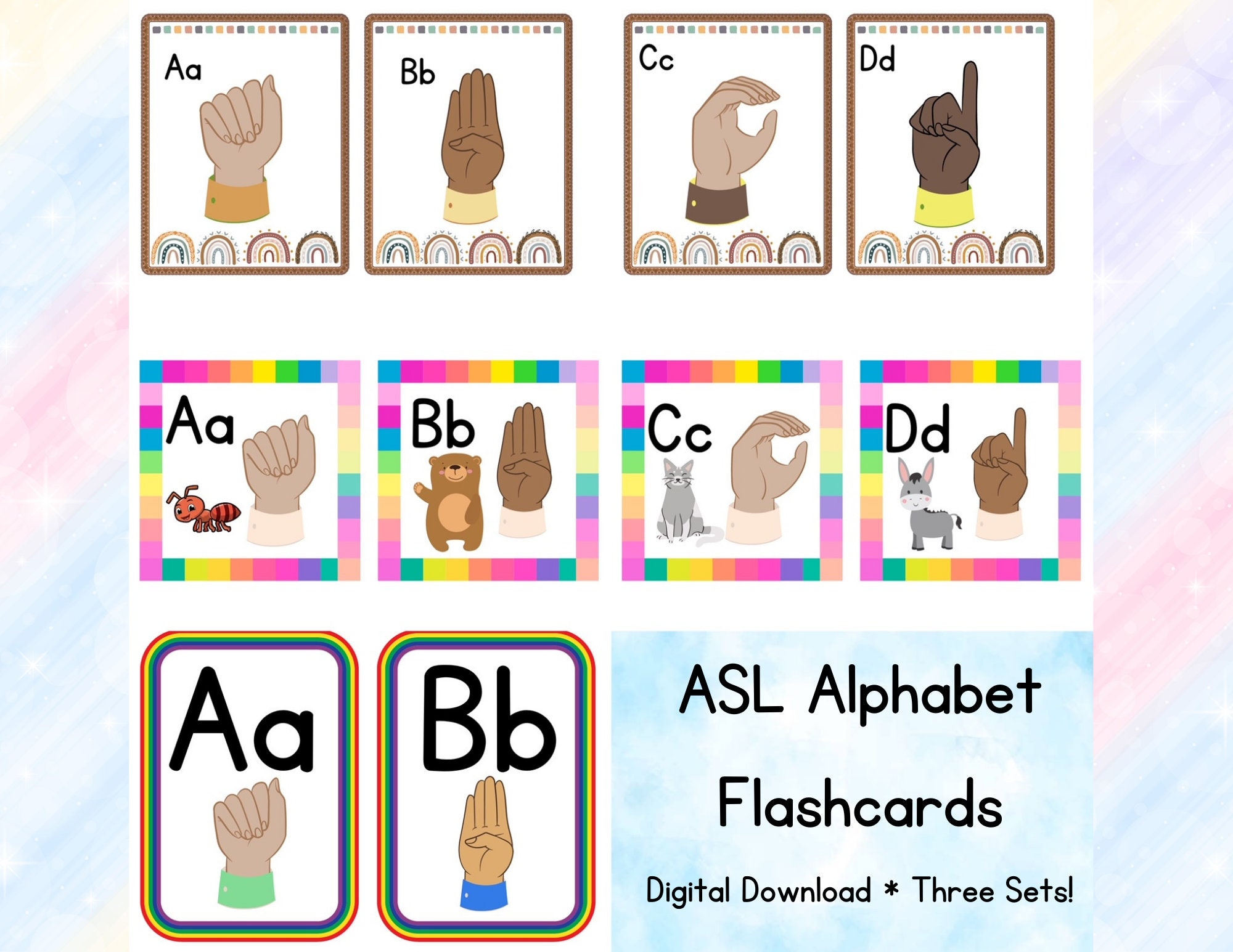 American Sign Language Alphabet Flashcards - Boho, Rainbow, and Animal ...