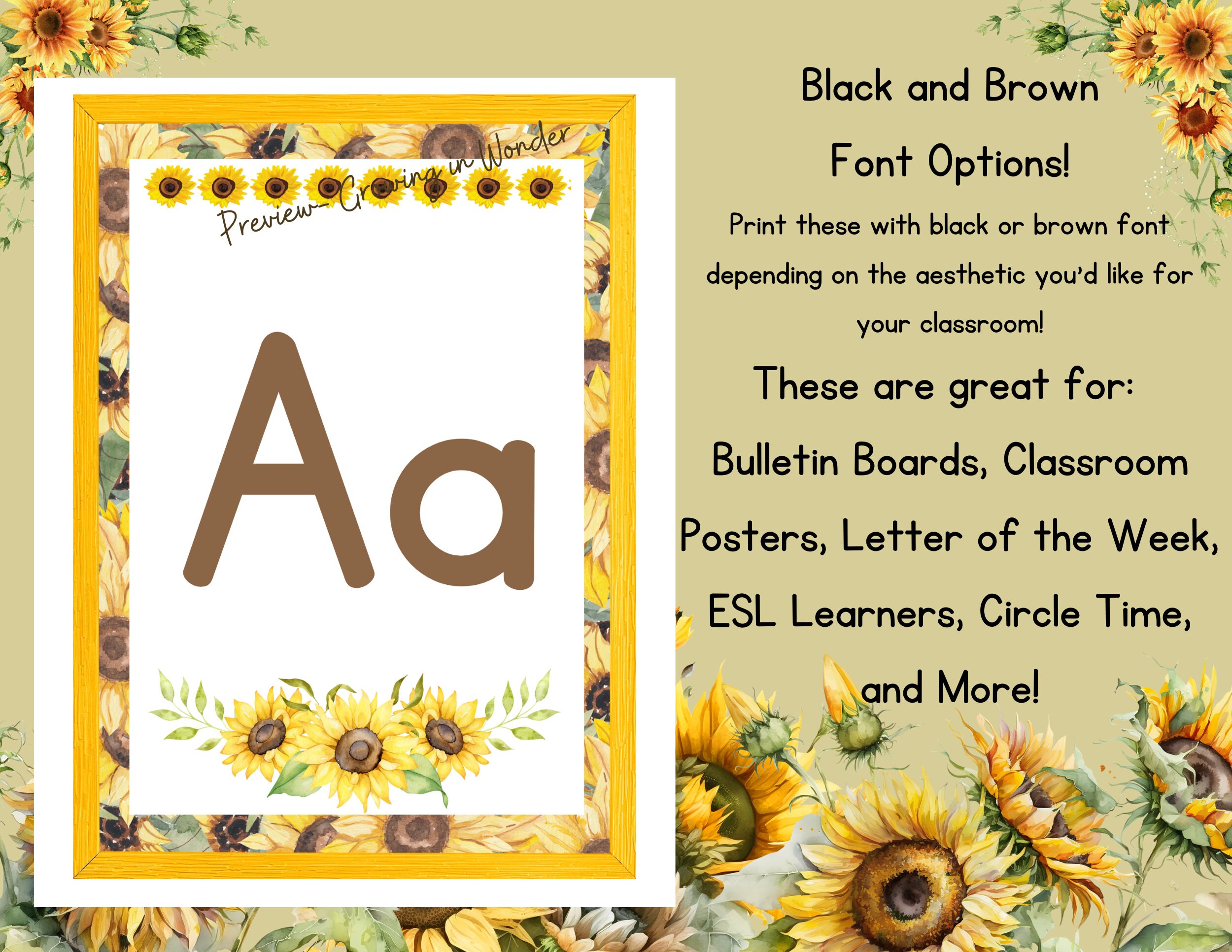 Large Sunflower Alphabet Posters, Back to School Decor - Etsy