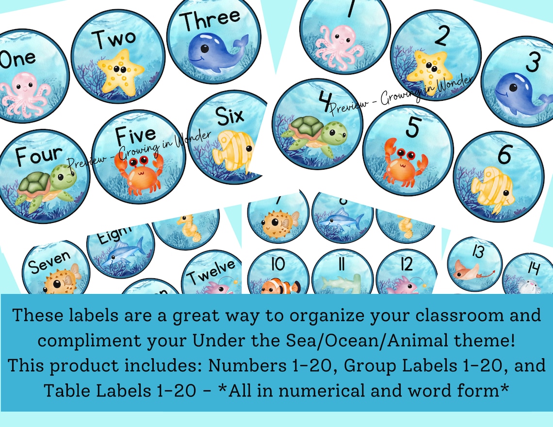 Under the Sea, Ocean Theme Numbers, Groups, and Table Labels 1-20 - Etsy