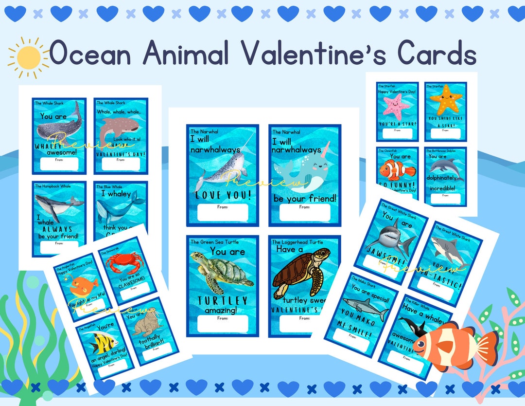 Ocean Animal Printable Valentine's Cards - Etsy