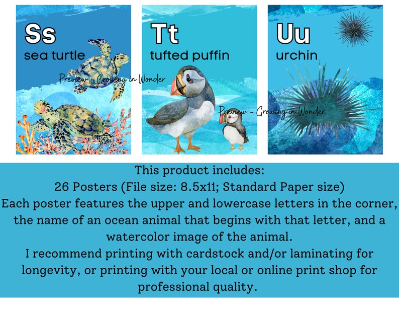 Ocean Animal, Under the Sea Alphabet Posters, Printable Classroom Decor ...