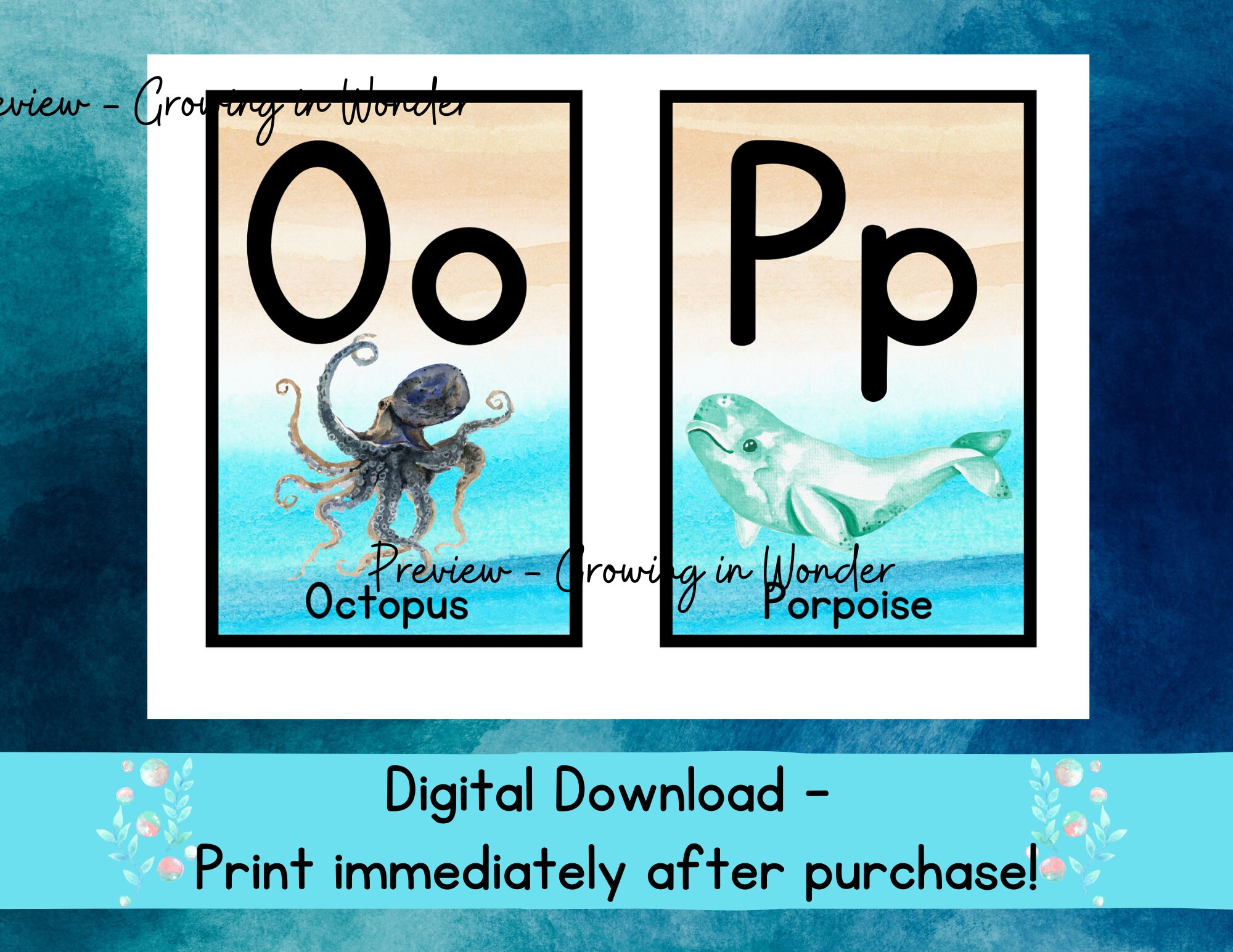 Ocean Animal Alphabet Posters, Watercolor Theme, Under the Sea Decor - Etsy