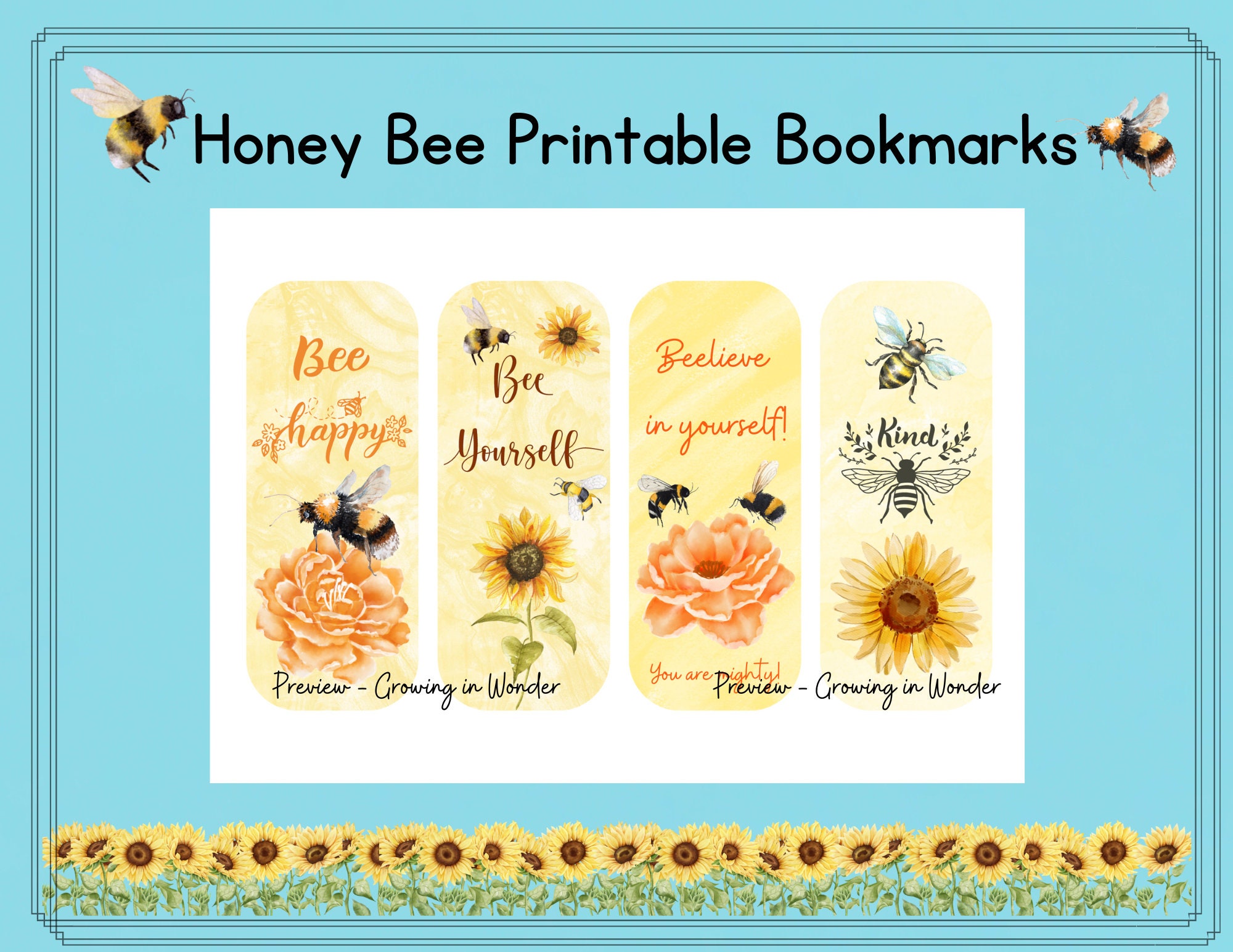Honey Bee Printable Bookmarks, Positive Quotes, Set of 4 - Etsy