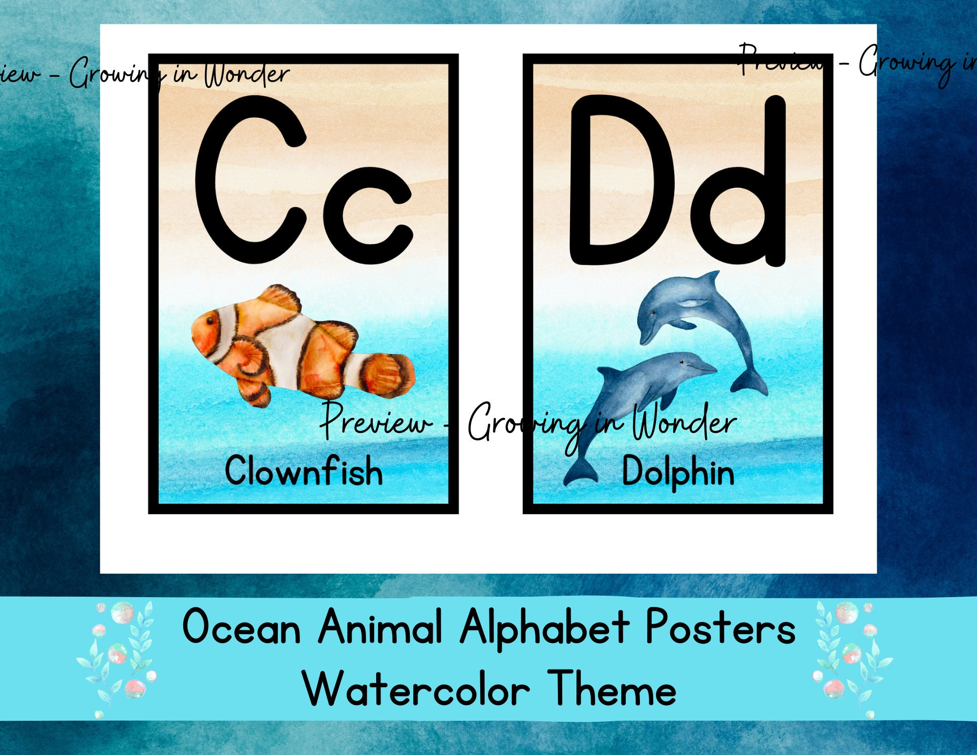 Ocean Animal Alphabet Posters, Watercolor Theme, Under the Sea Decor - Etsy