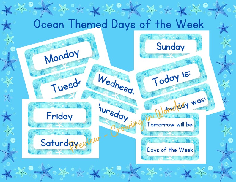 Ocean Themed Days of the Week Printable Cards, Calendar - Etsy