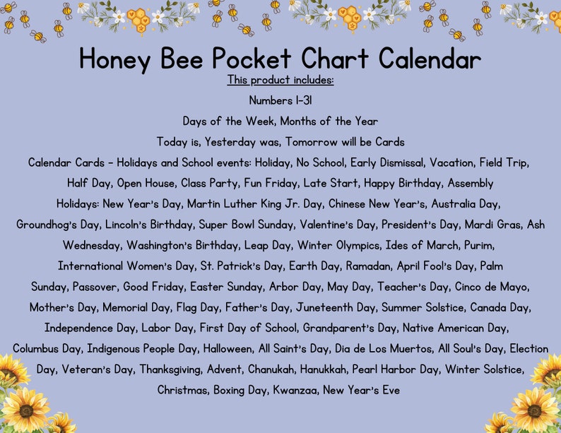 Bee Pocket Chart Calendar, Classroom Bulletin Board Calendar - Etsy