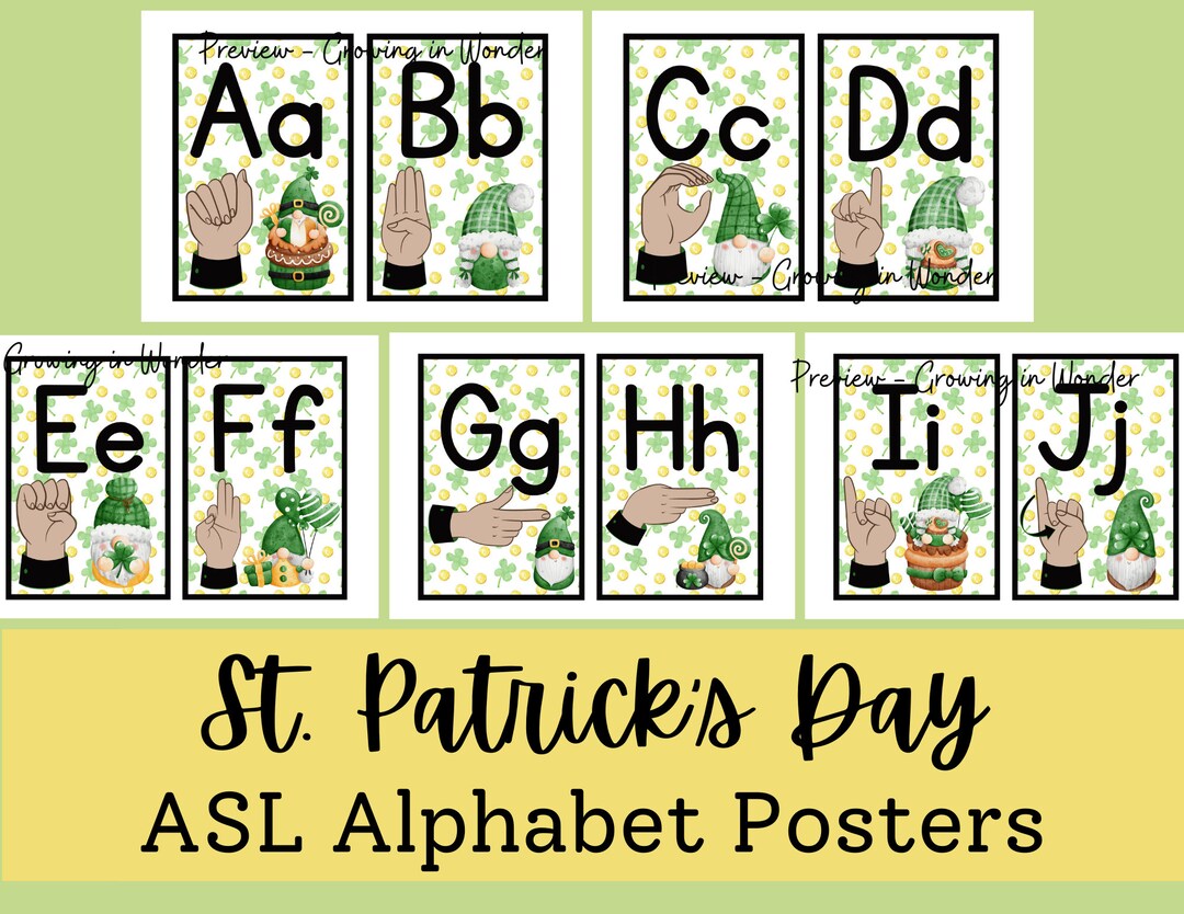 St. Patrick's Day ASL Alphabet Classroom Posters, Gnome Sign Language ...