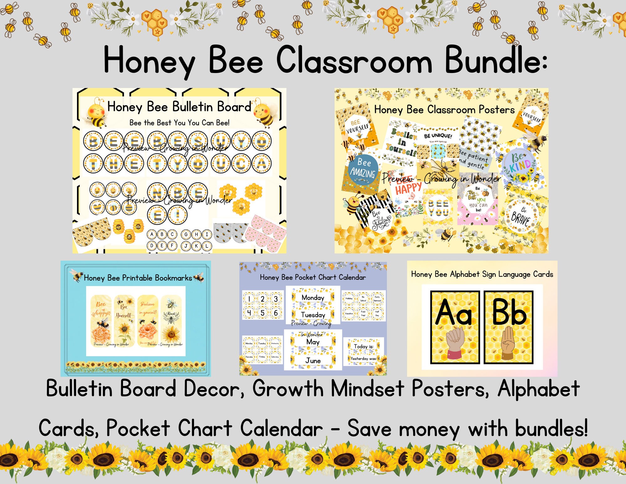 Honey Bee Classroom Bundle: Bulletin Board Kit, Bookmarks, Alphabet ...