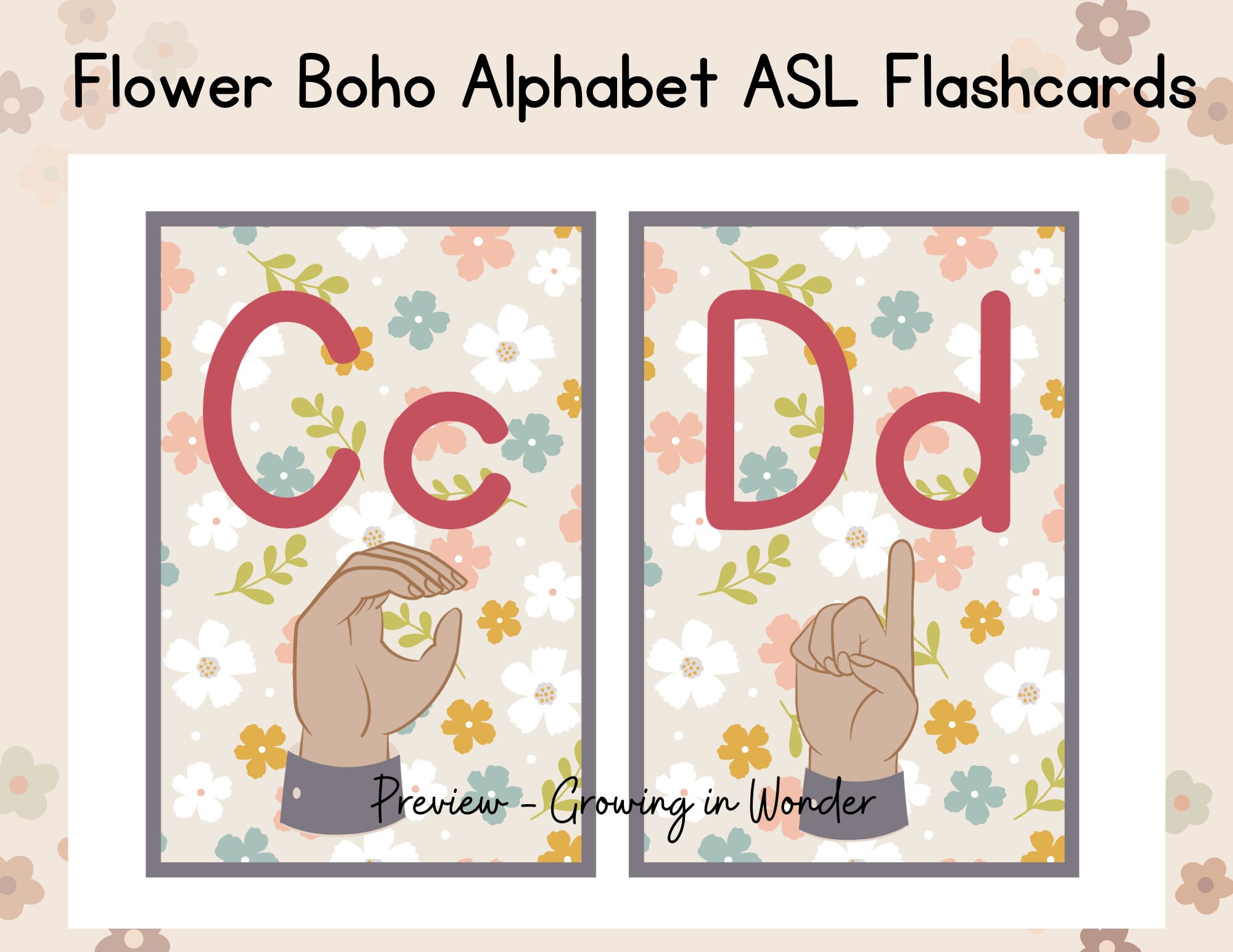 Boho Flower Alphabet ASL Printable Flashcards - Etsy