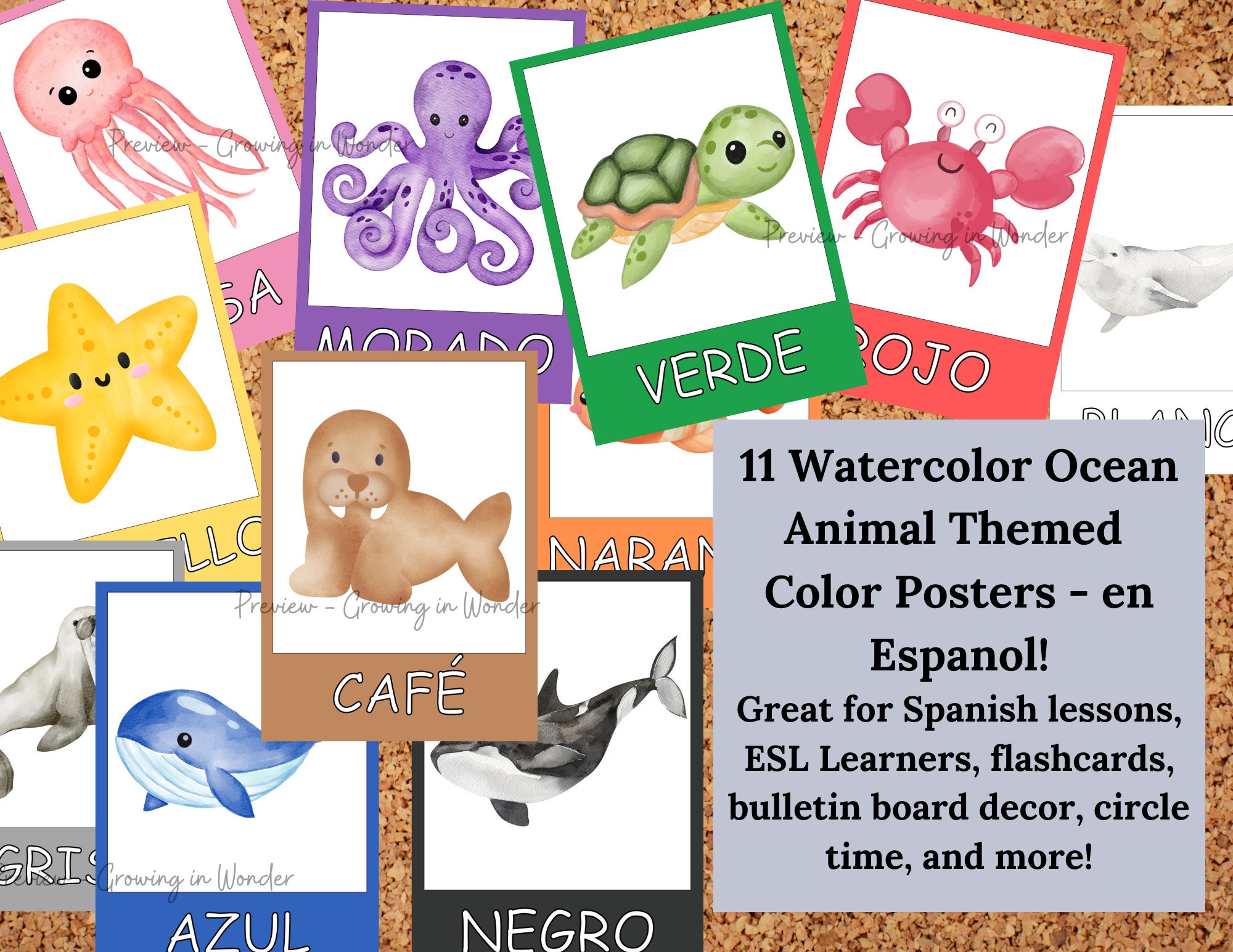 Spanish Color Posters, Ocean Animal Spanish Classroom Printable Decor ...