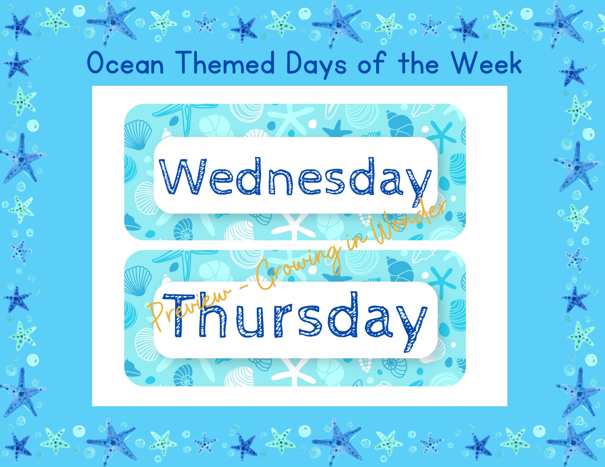 Ocean Themed Days of the Week Printable Cards, Calendar - Etsy