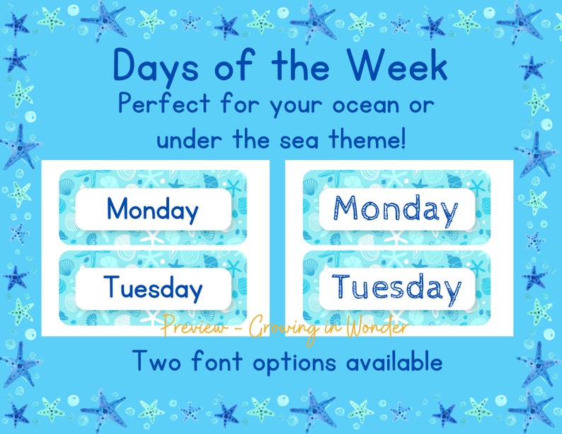 Ocean Themed Days of the Week Printable Cards, Calendar - Etsy
