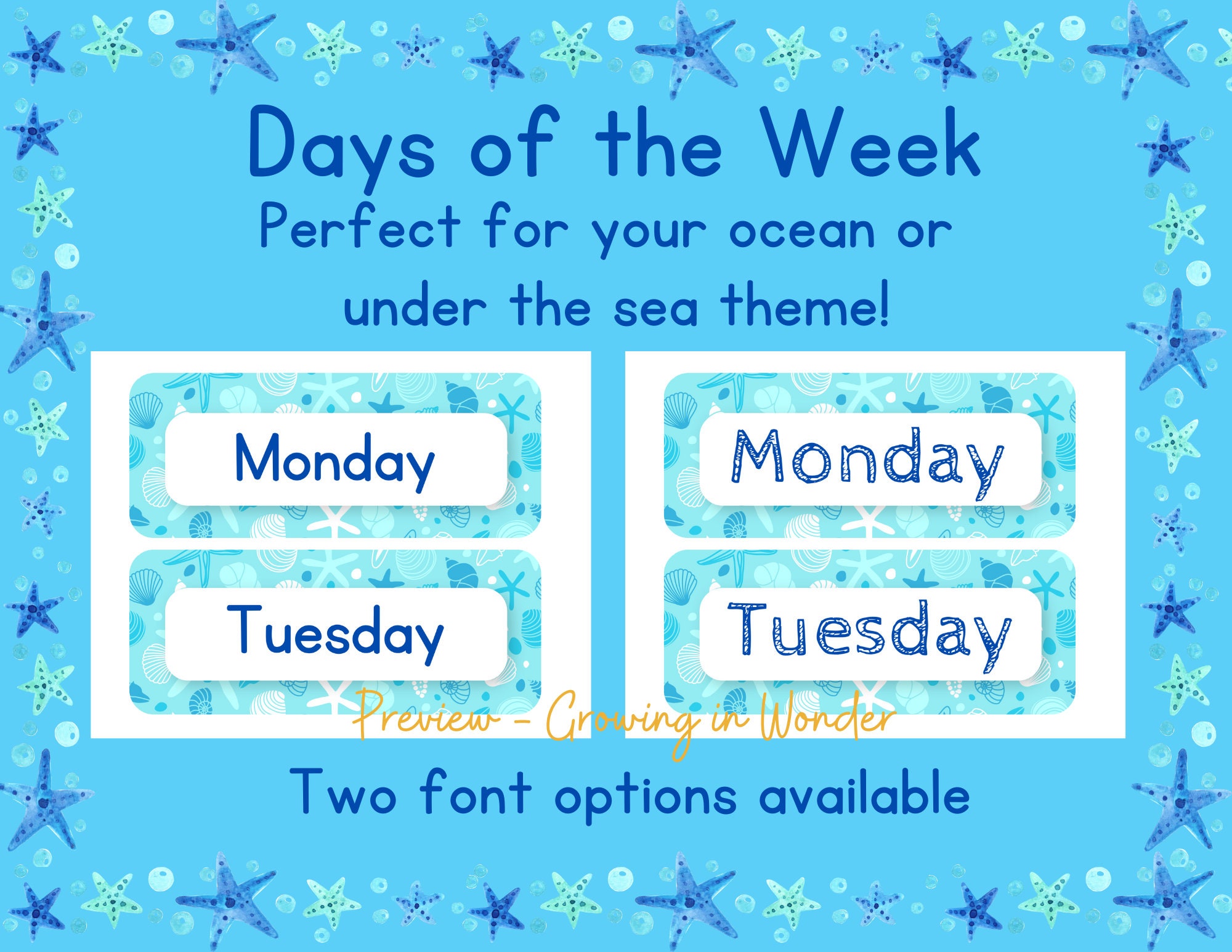 Ocean Themed Days of the Week Printable Cards, Calendar - Etsy