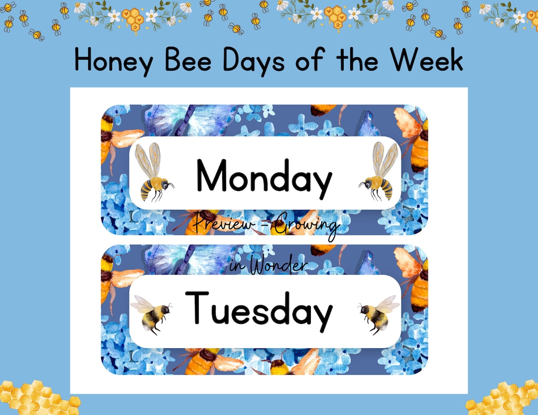 Honey Bee Days of the Week (blue Background, Watercolor Honeybees) - Etsy