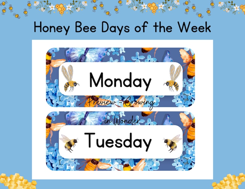 Honey Bee Days of the Week (blue Background, Watercolor Honeybees) - Etsy