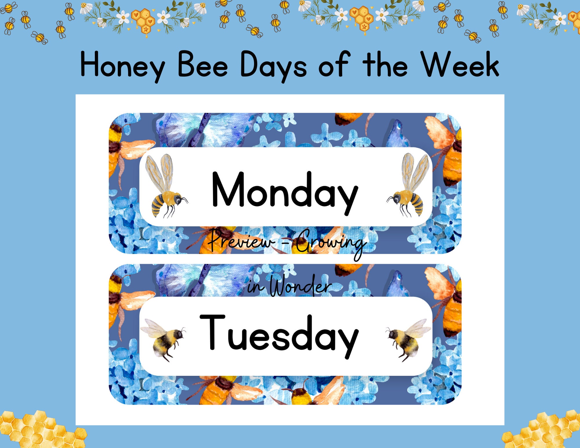 Honey Bee Days of the Week (blue Background, Watercolor Honeybees) - Etsy