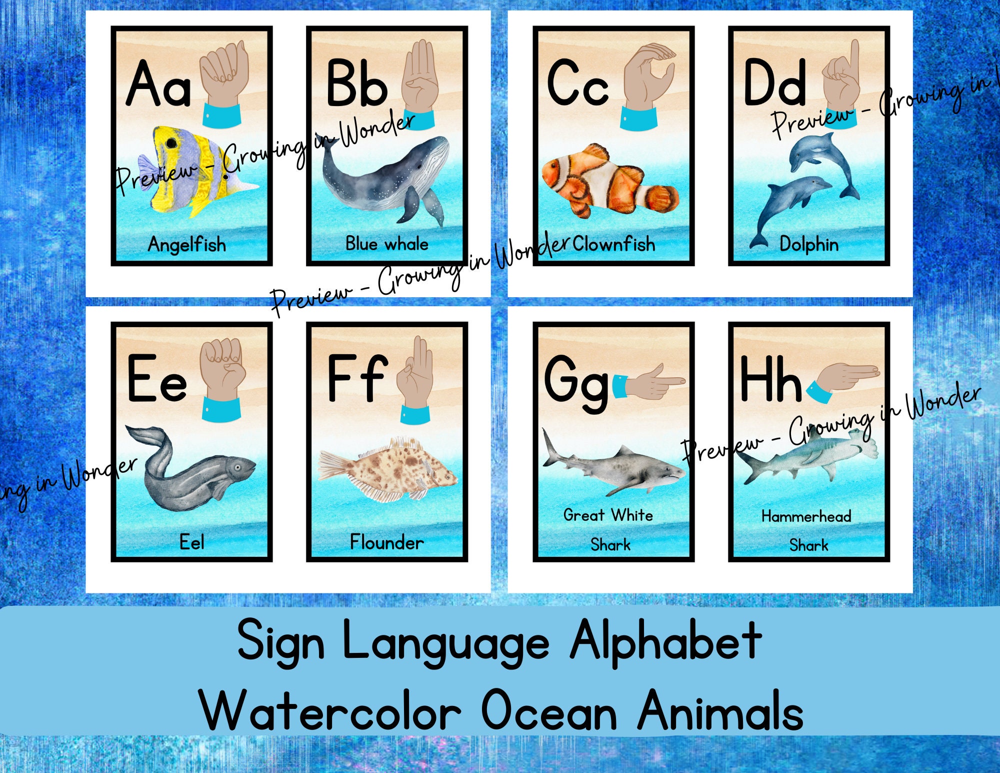 Sign Language Alphabet Watercolor Ocean Animal Flashcards, Posters - Etsy
