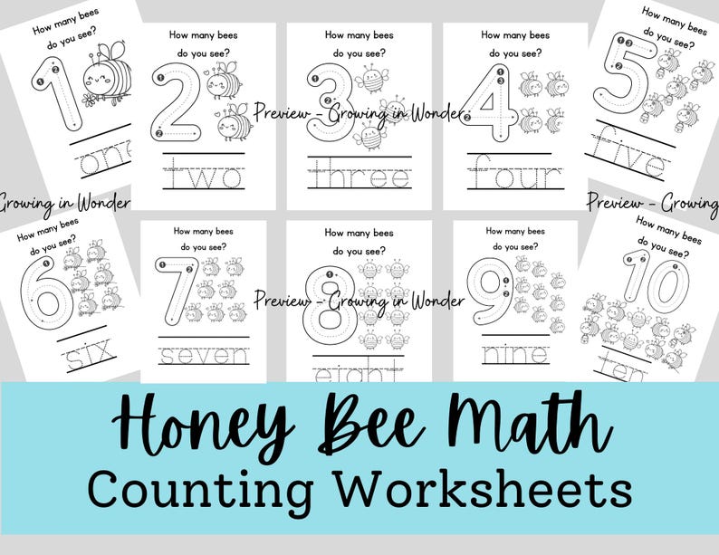 Bee Theme Math Worksheets: Counting 1-10, Tracing, Writing - Etsy