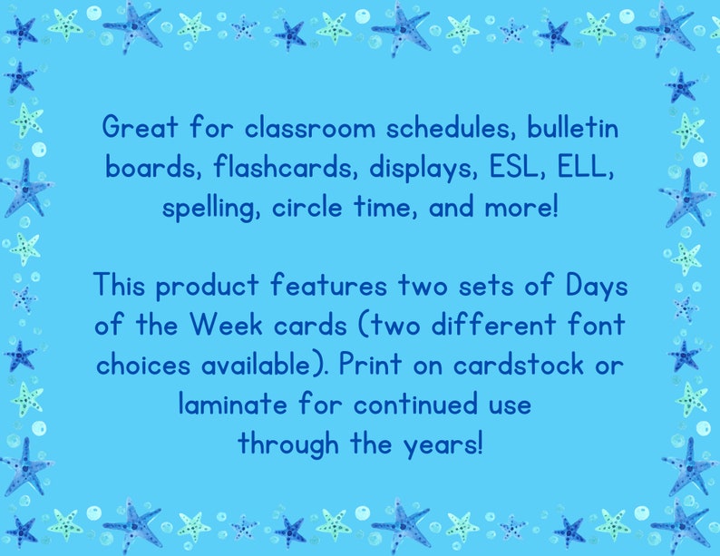 Ocean Themed Days of the Week Printable Cards, Calendar - Etsy