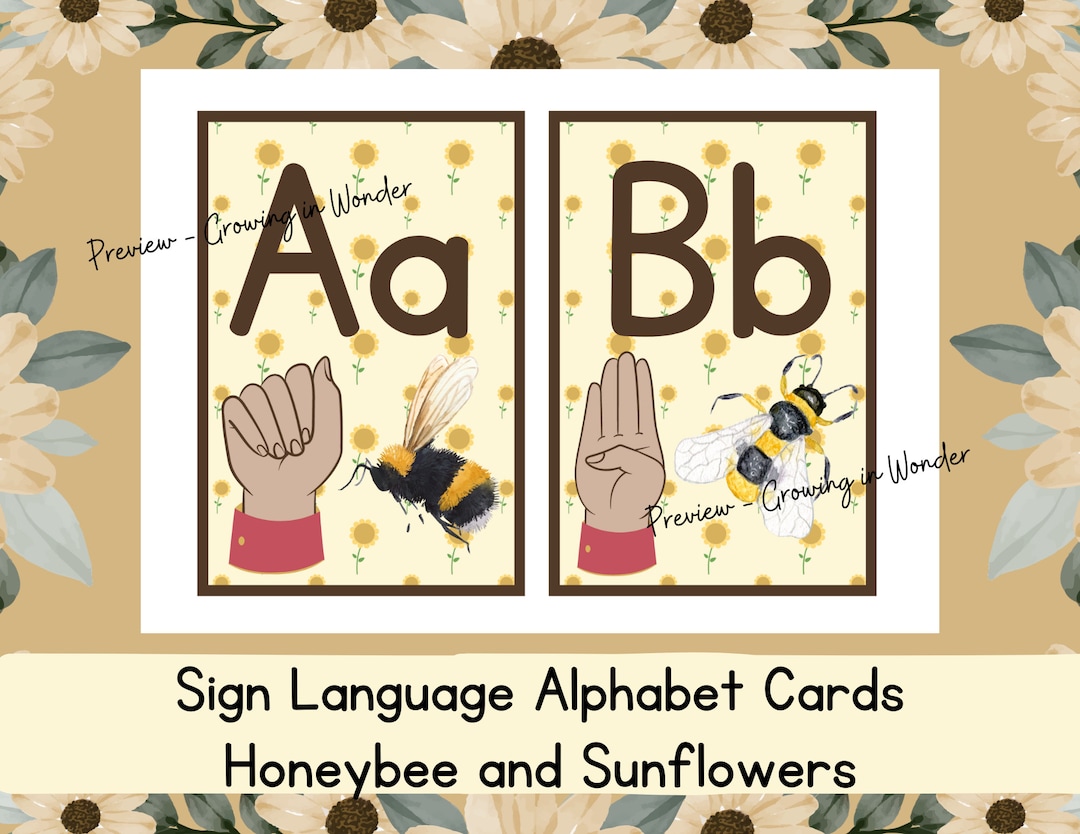 Honey Bee ASL Alphabet Printable Cards, Sunflower Boho Theme, Sign ...