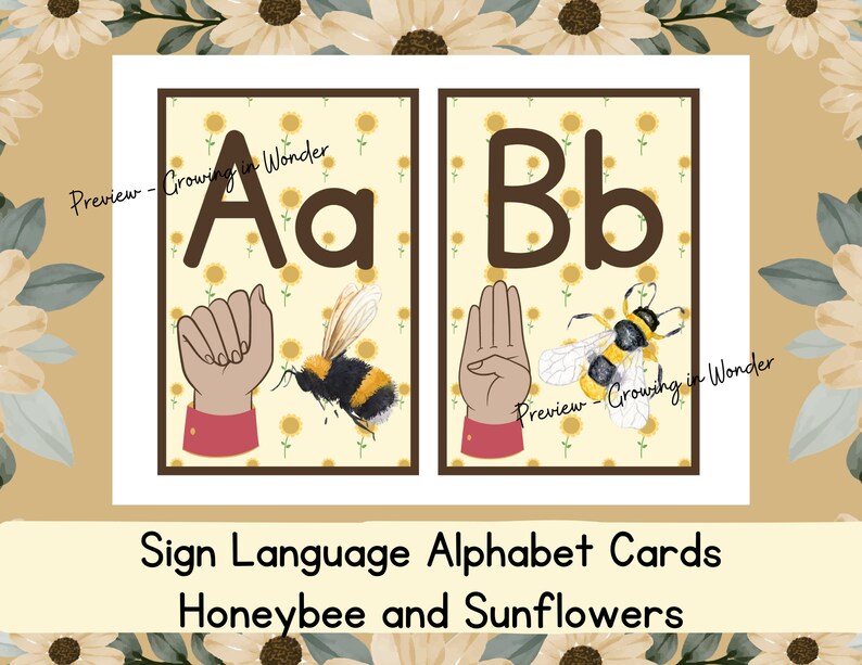 Honey Bee ASL Alphabet Printable Cards, Sunflower Boho Theme, Sign ...