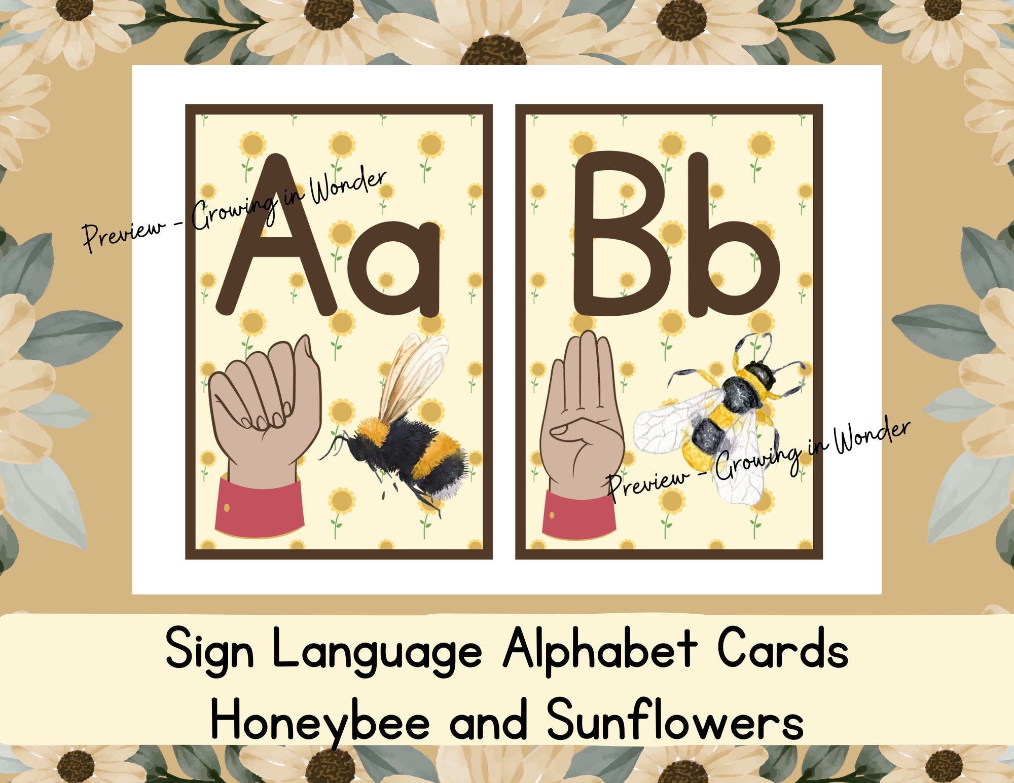 Honey Bee ASL Alphabet Printable Cards, Sunflower Boho Theme, Sign ...