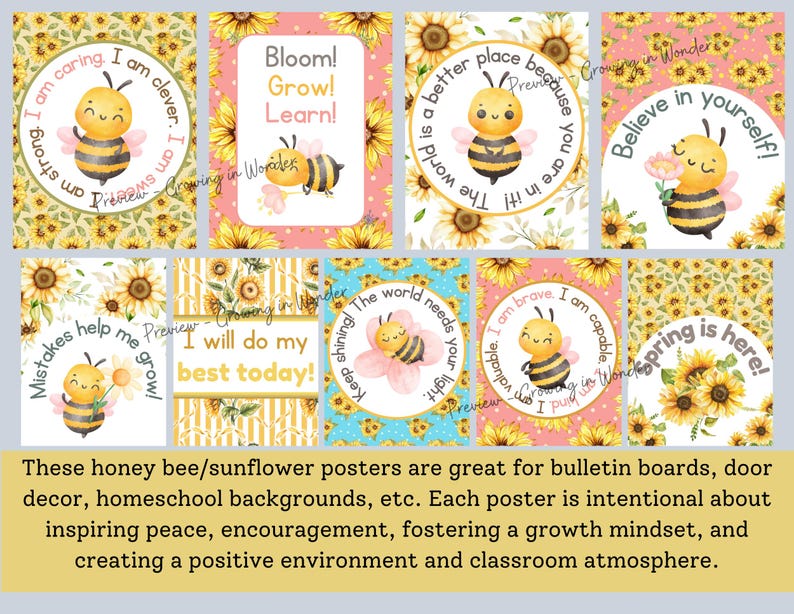 Sunflower and Honey Bee Spring Classroom Bulletin Board Posters - Etsy