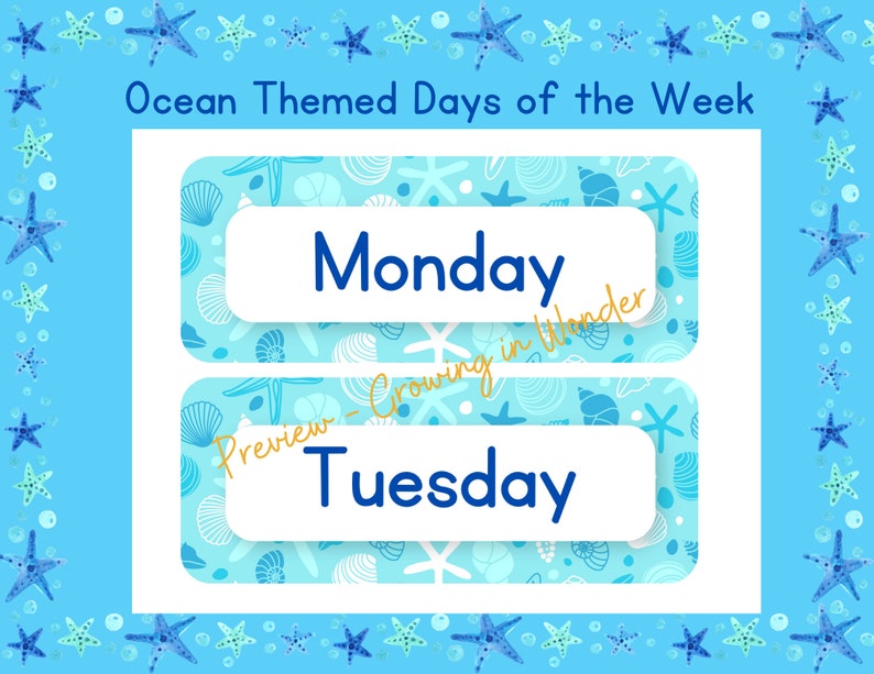 Ocean Themed Days of the Week Printable Cards, Calendar - Etsy