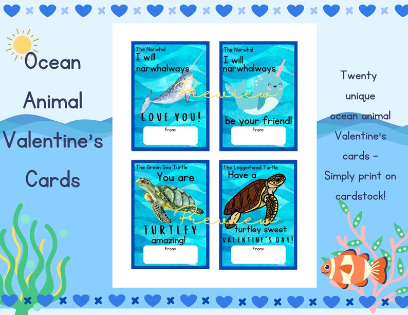 Ocean Animal Printable Valentine's Cards - Etsy
