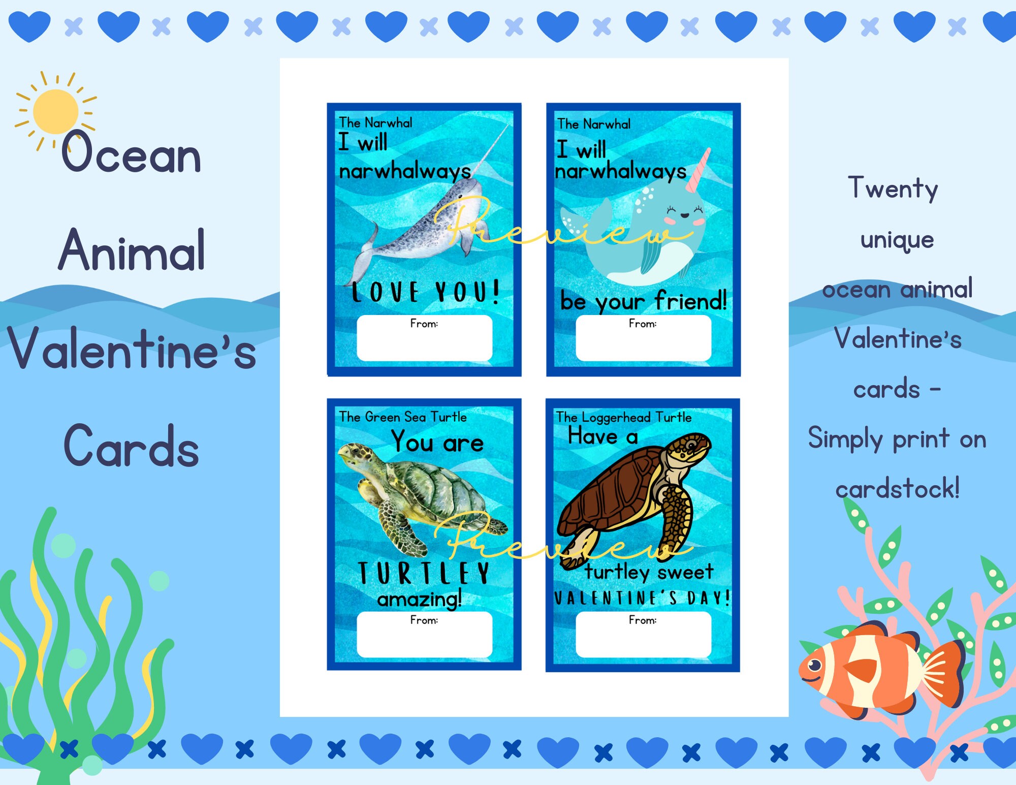 Ocean Animal Printable Valentine's Cards - Etsy