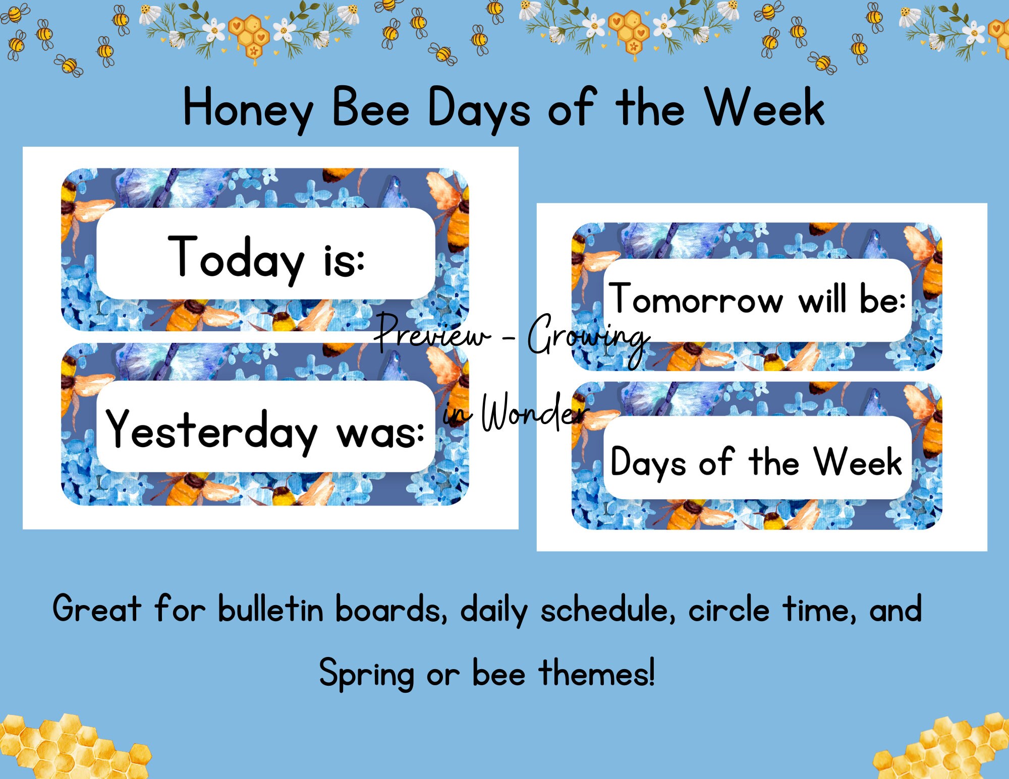 Honey Bee Days of the Week blue Background, Watercolor Honeybees - Etsy