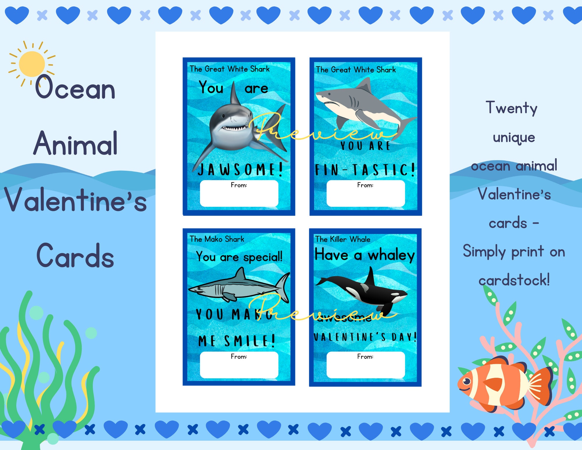 Ocean Animal Printable Valentine's Cards - Etsy
