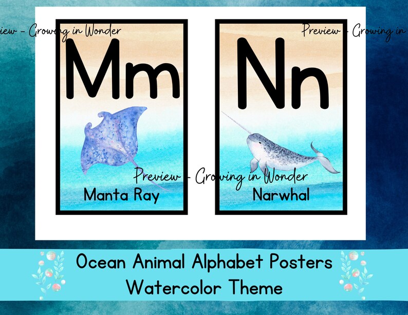 Ocean Animal Alphabet Posters, Watercolor Theme, Under the Sea Decor - Etsy