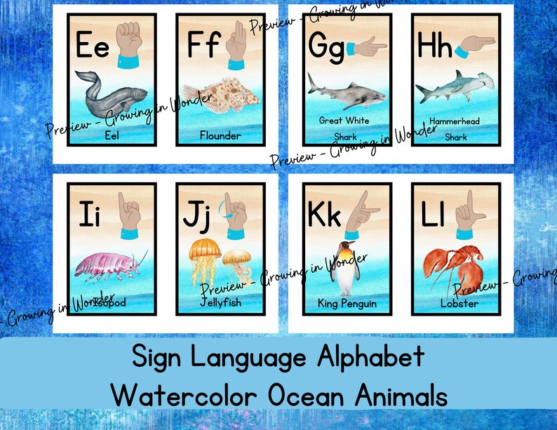 Sign Language Alphabet Watercolor Ocean Animal Flashcards, Posters - Etsy