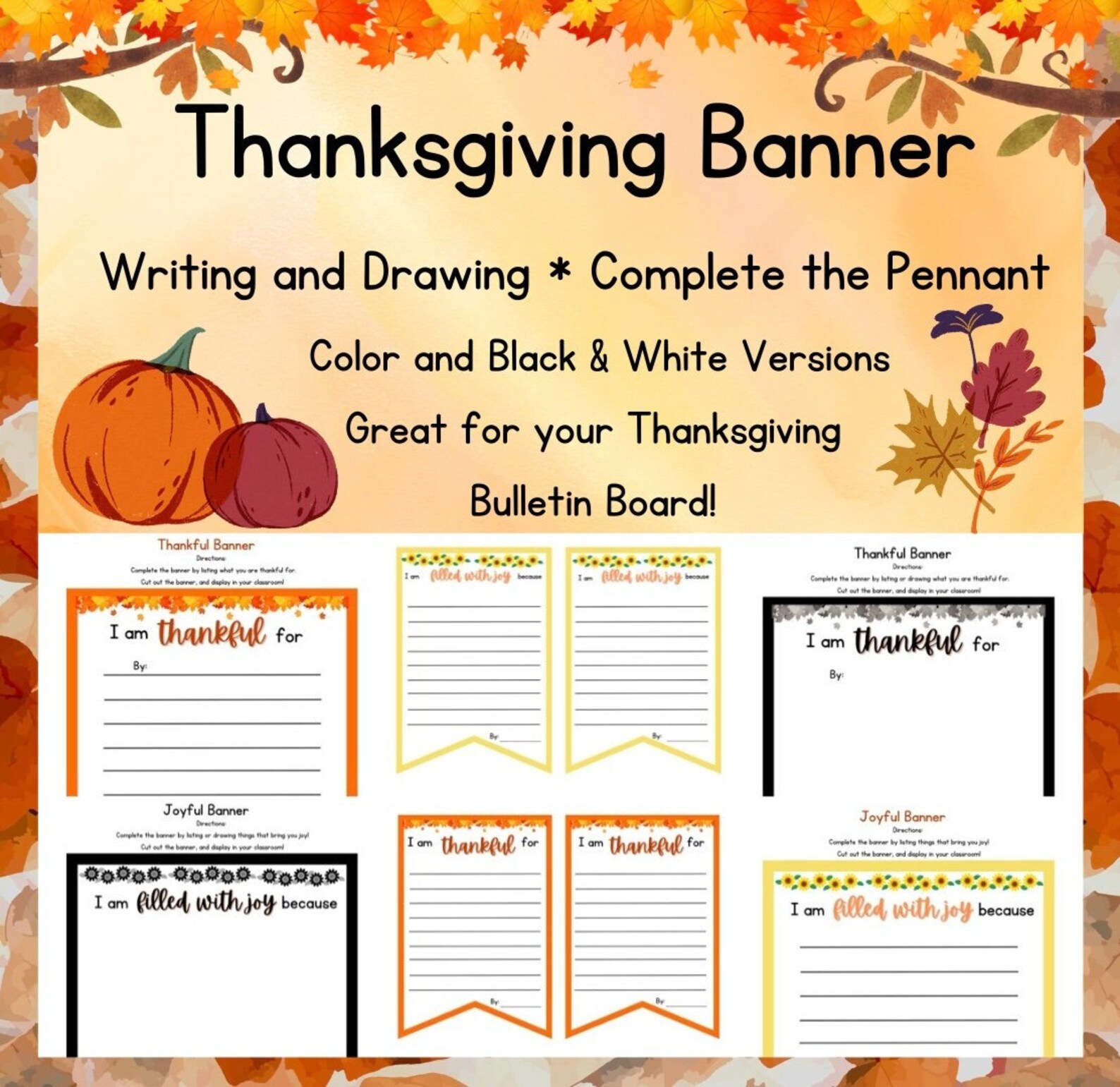 Thanksgiving Bulletin Board Banner Pennants - Writing and Drawing - Etsy