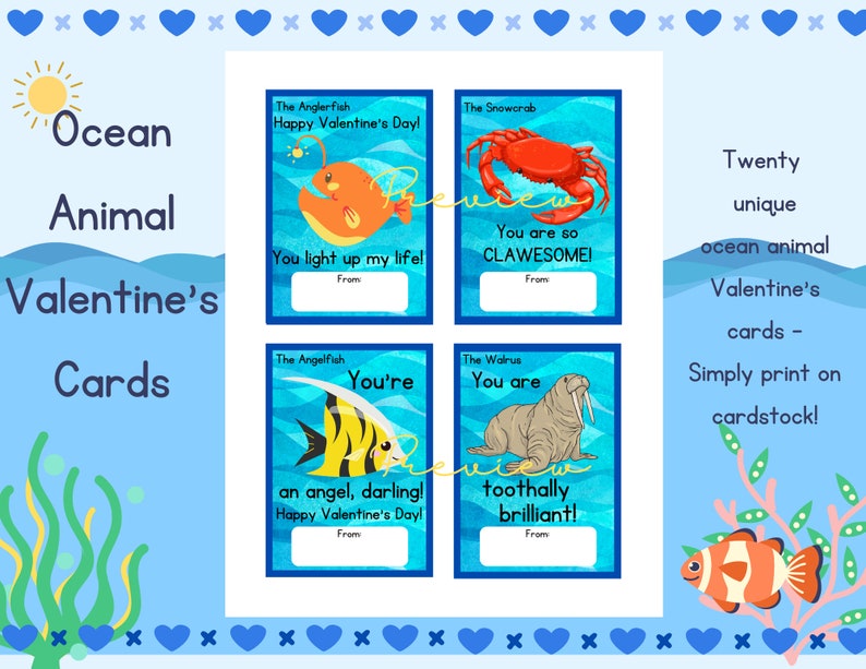 Ocean Animal Printable Valentine's Cards - Etsy