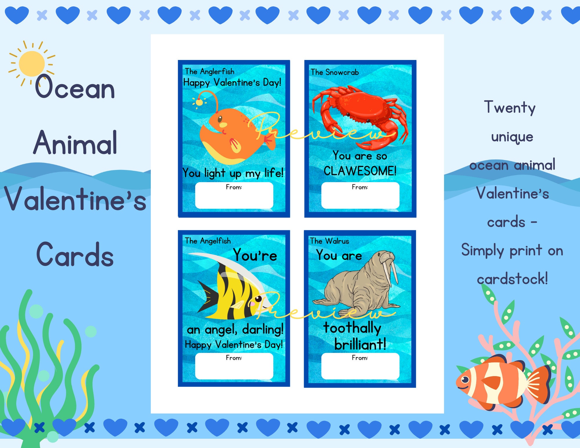 Ocean Animal Printable Valentine's Cards - Etsy