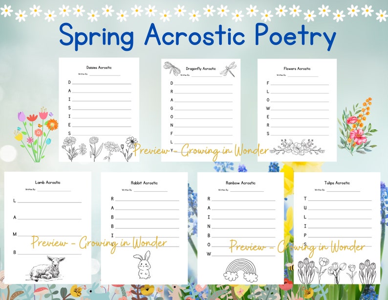 Spring Acrostic Poetry Templates - Etsy