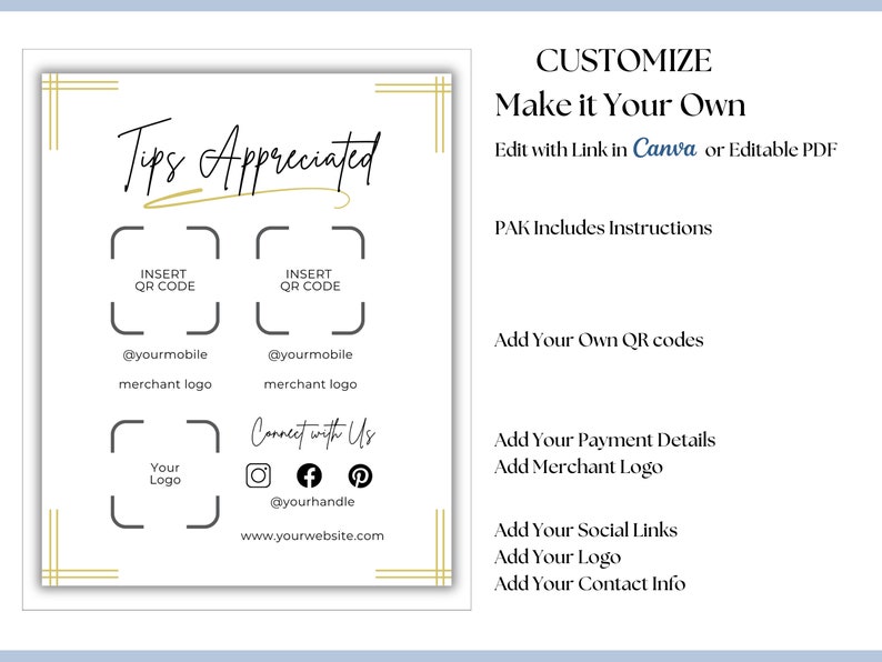 Printable QR Tip Sign, Jar Sign, 3 Sizes, Customizable QR Code, Venmo ...