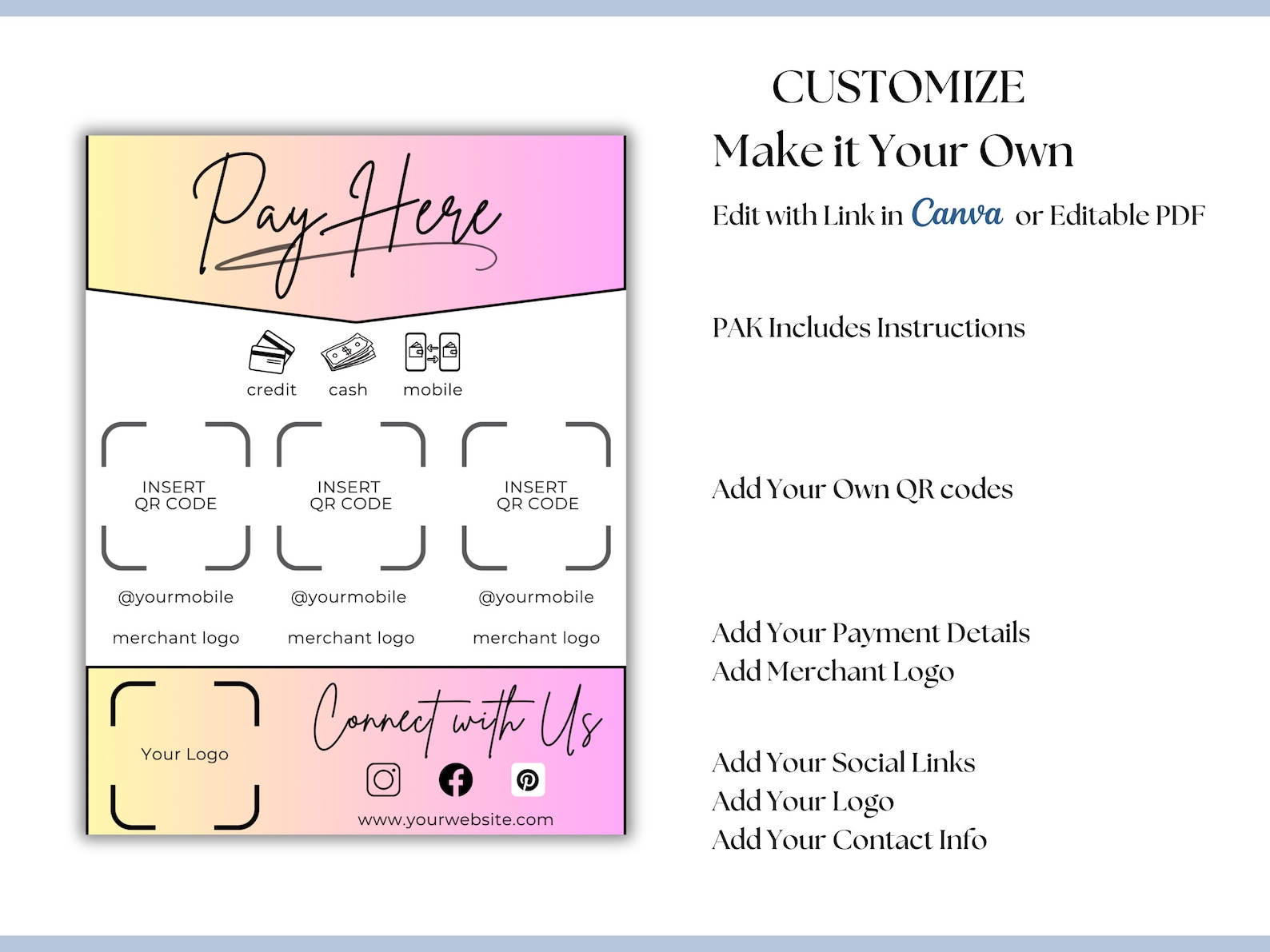 Editable Pay Here, Scan to Pay, QR Code Template, Accept Payments Here ...