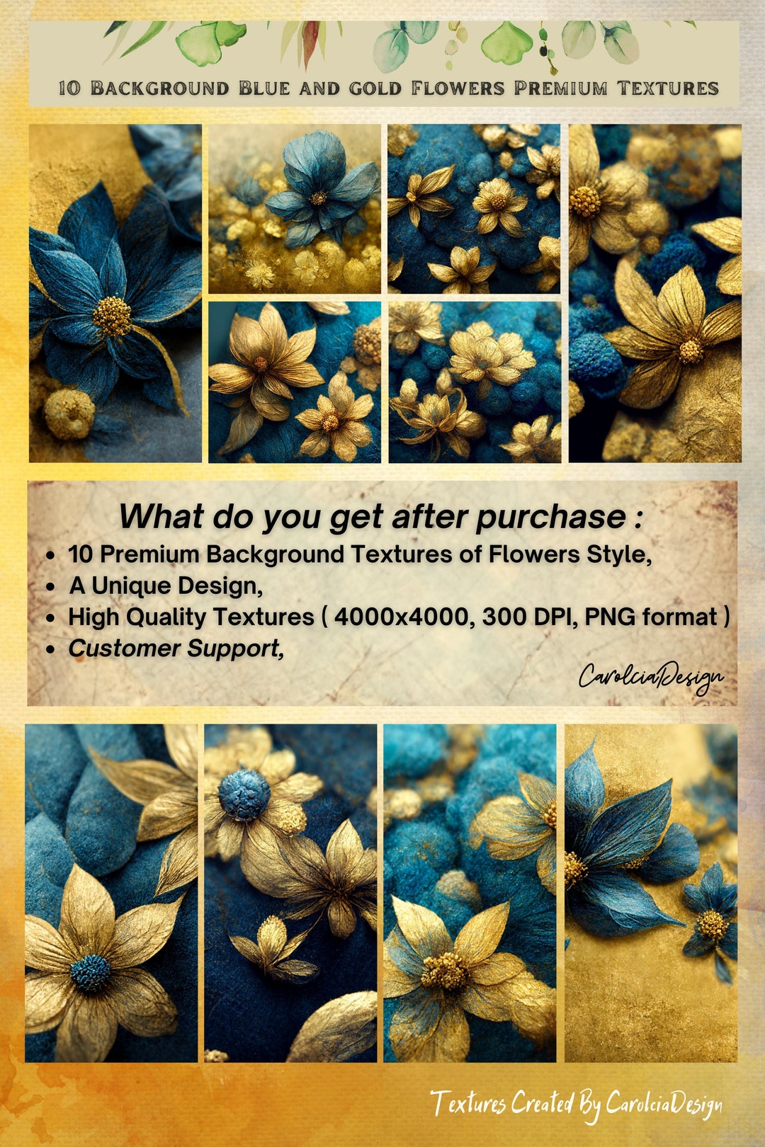 10 Background Flowers Gold&blue Textures Wallpapers Digital Art ...