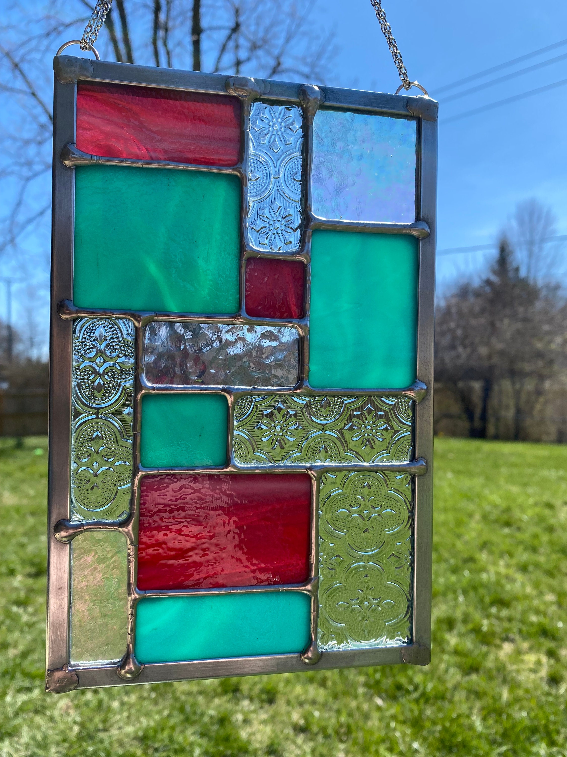 Patchwork Stained Glass Suncatcher Panel - Pink/teal - Etsy