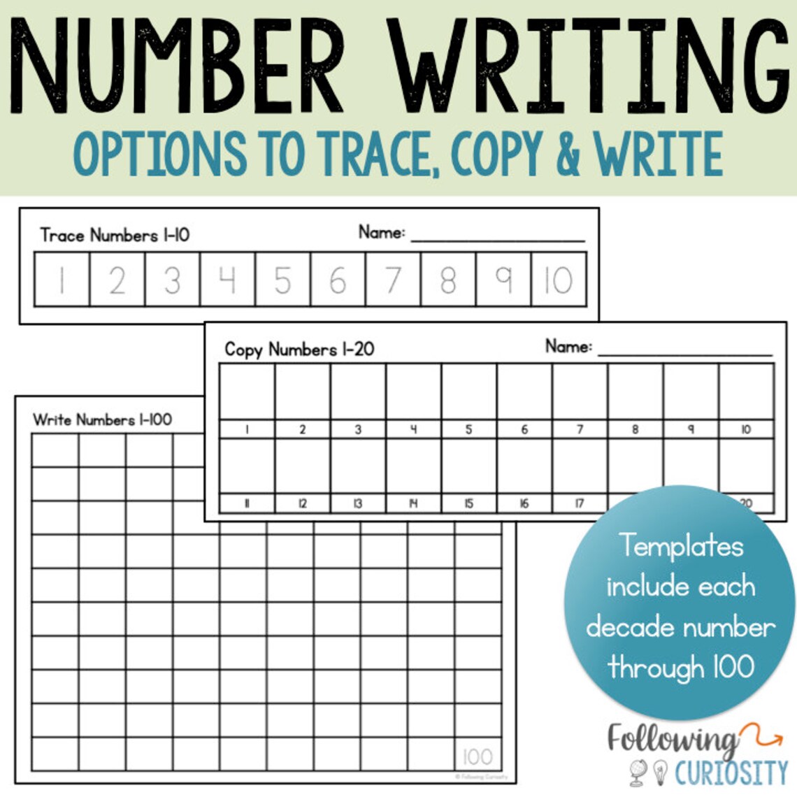 Number Writing to 100 Practice Pages: Kindergarten & 1st Grade Number ...