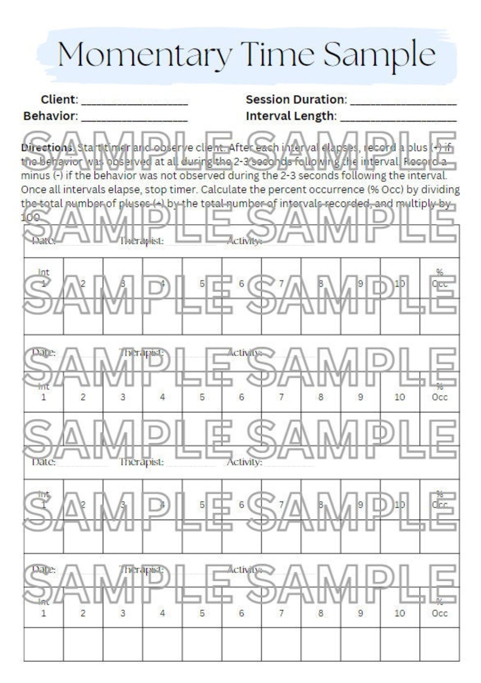 Momentary Time Sample Datasheet for Bcbas Special Educators - Etsy