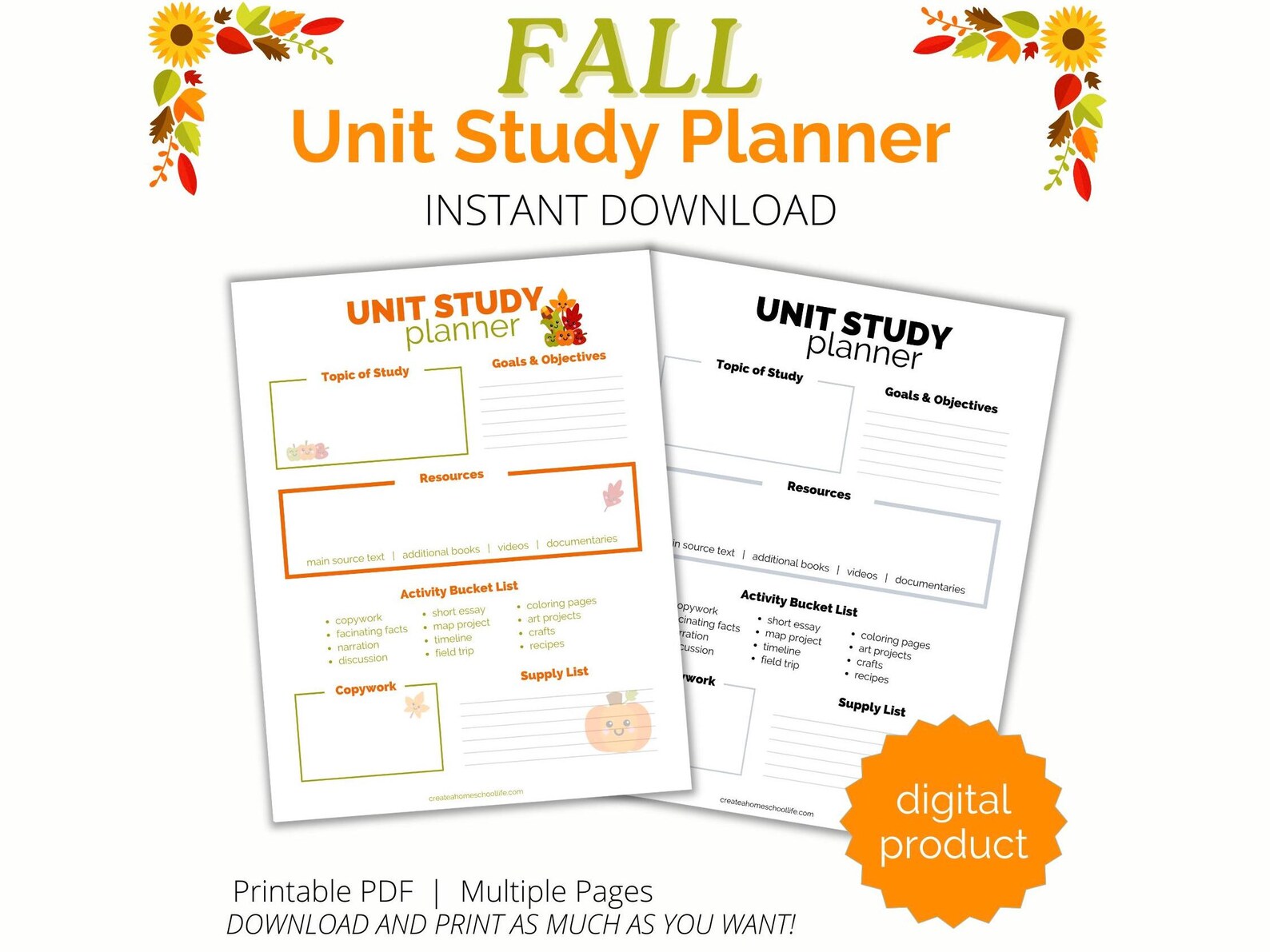 Unit Study Planner Kawaii Fall Unit Study Planner Fall Unit Study ...