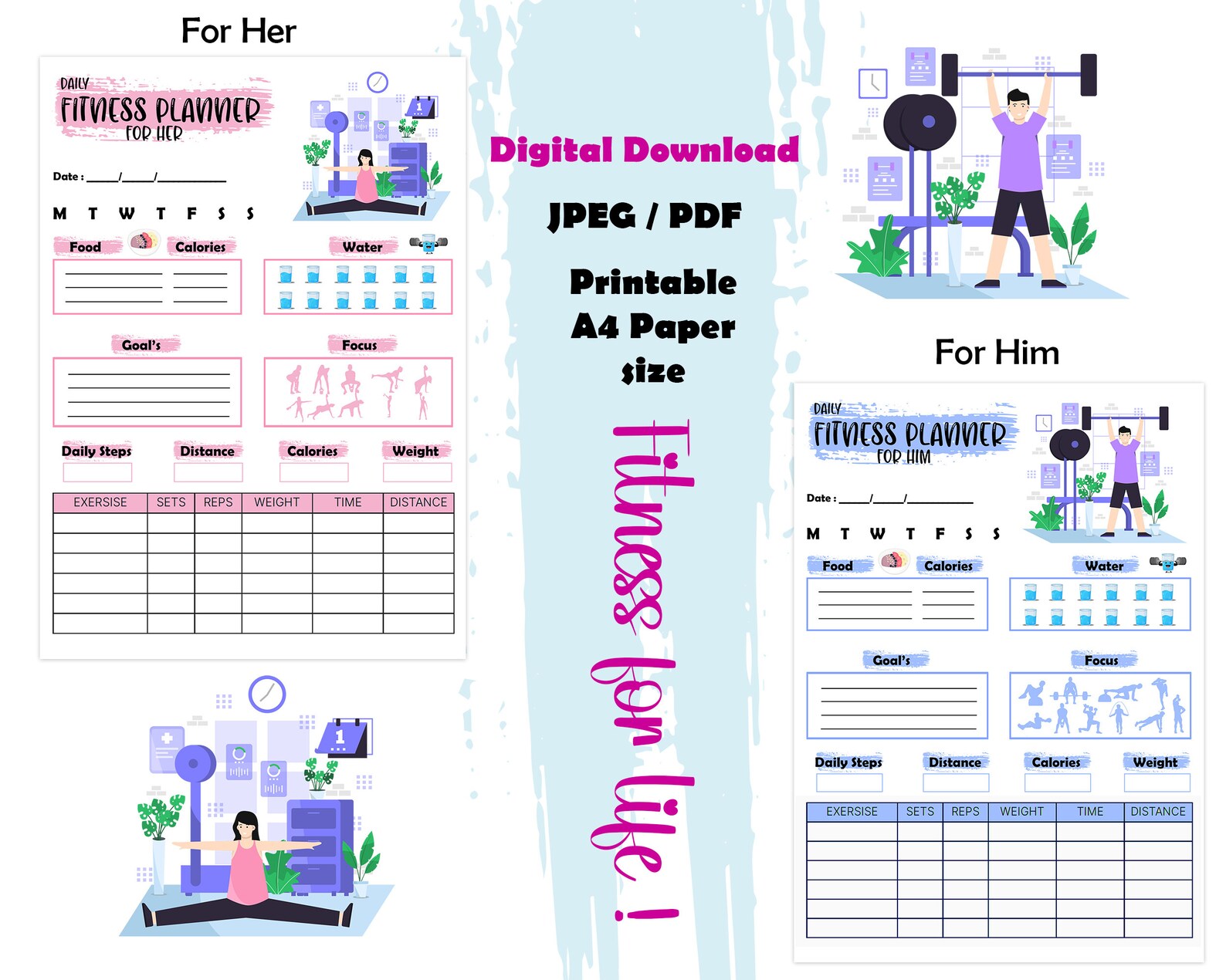 Fitness Planner for Her and Him Daily Workout Planner JPEG & - Etsy