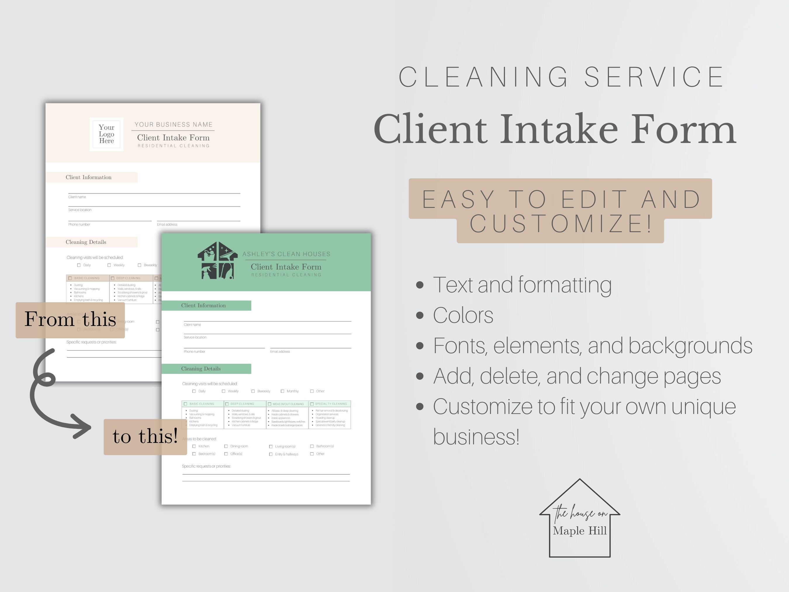 Cleaning Business Client Intake Forms, House Cleaning Client Forms ...