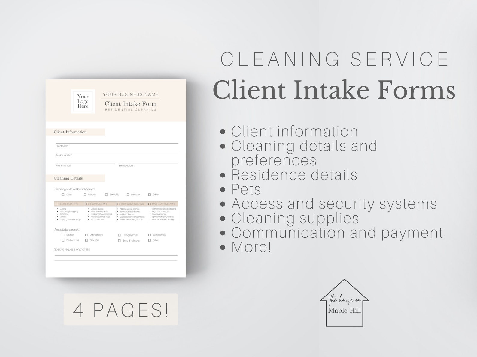 Cleaning Business Client Intake Forms, House Cleaning Client Forms ...